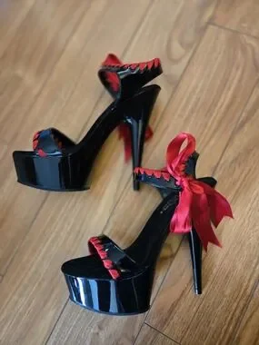 Pleaser | Shoes | Pleaser Black Patent Platform Heels With Red Ribbon ...